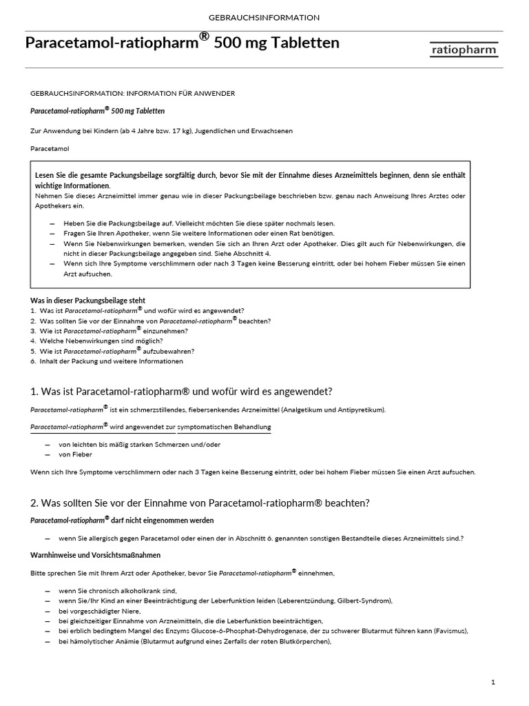 Paracetamol-Ratiopharm 500 MG Tabletten - 3 | PDF