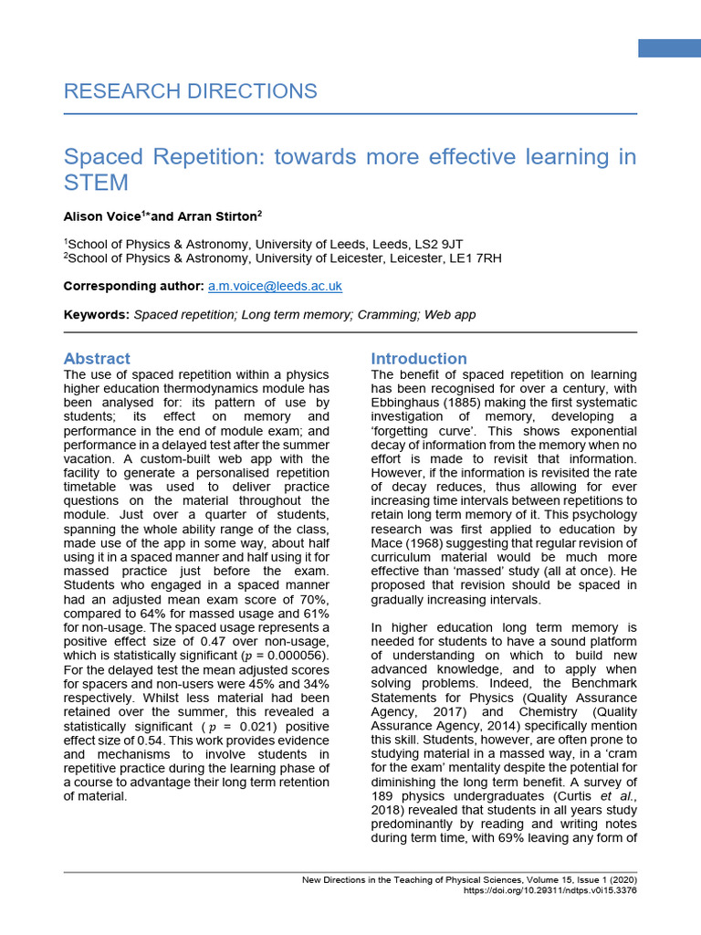 Spaced Repetition - Towards More Effective Learning in | PDF