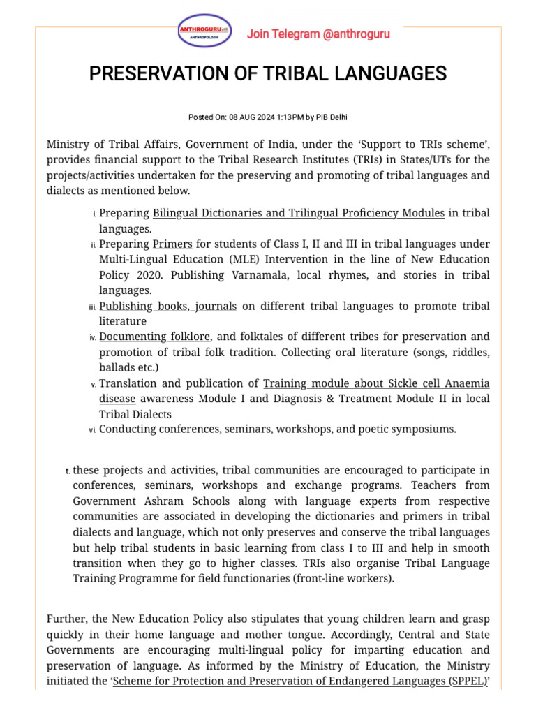 Preservation of Tribal Languages | PDF