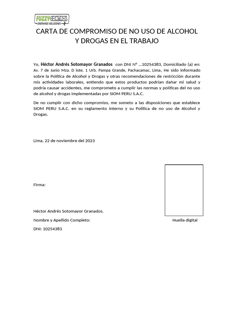 Carta de compromiso de no uso de alcohol y drogas | PDF