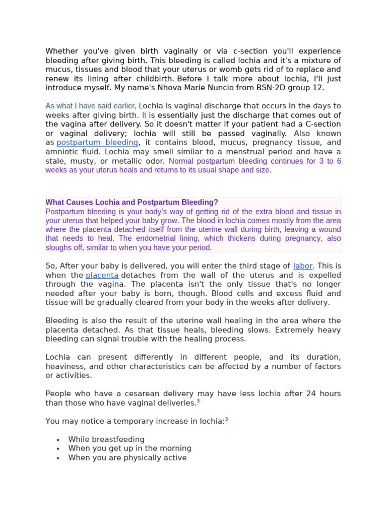 Types of Lochia | PDF