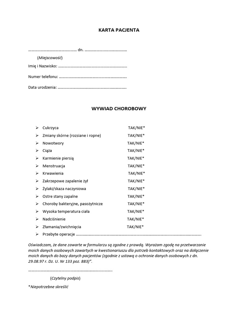 Wzór karty pacjenta - zabieg masażu | PDF