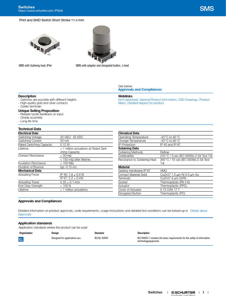 Print and SMD Switch Short Stroke 11.4 MM: SMS With Gullwing Lead, IP40 ...