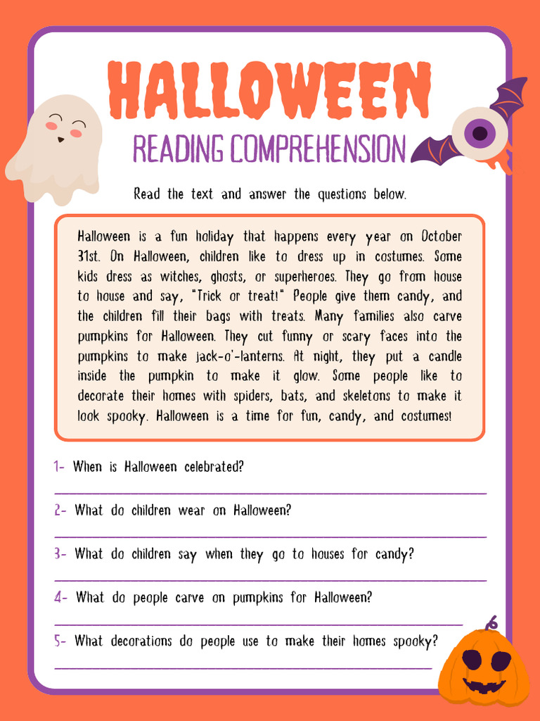 Halloween Reading Comprehension Worksheet in Orange Purple Spooky Style ...