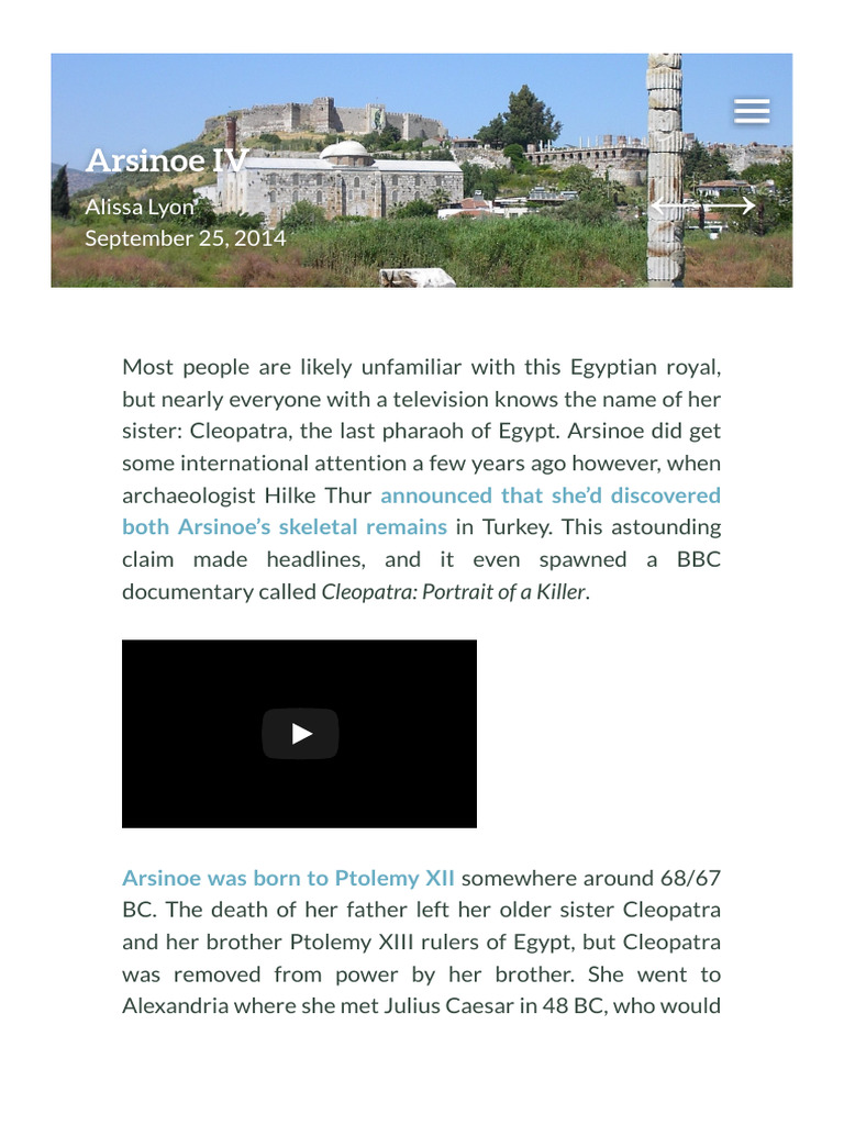 Arsinoe IV - Archaeology of Ancient Egypt | PDF | Cleopatra | Pharaohs Of The Ptolemaic Dynasty