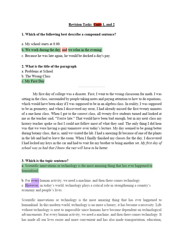 Revision Tasks Units 1 | PDF