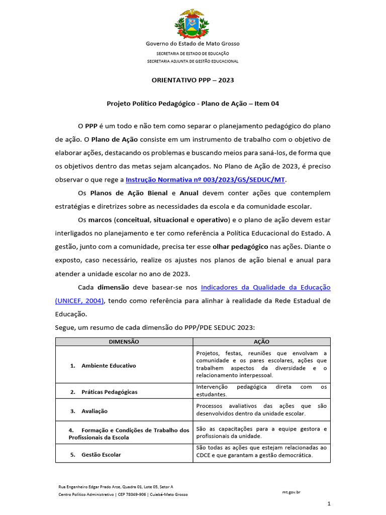 ORIENTATIVO PPP - Plano de Ação - 2023 | PDF