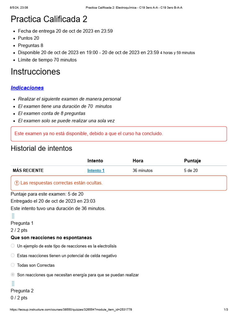Practica Calificada 2 - Electroquímica | PDF | Química Física | Ciências e Matemática