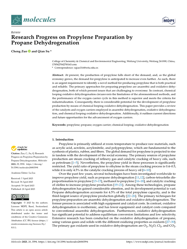Research Progress On Propylene Preparation by Propane Dehydrogenation | PDF