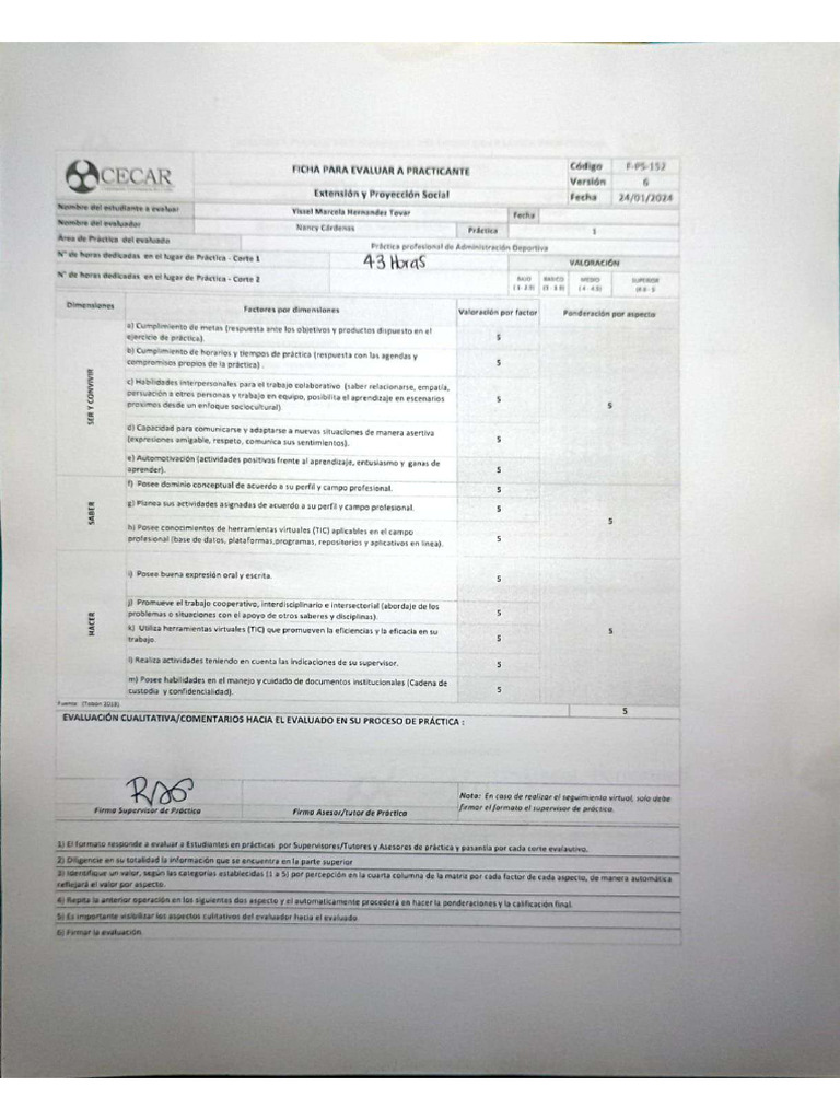 Ficha para Evaluar Prácticante Yissel | PDF
