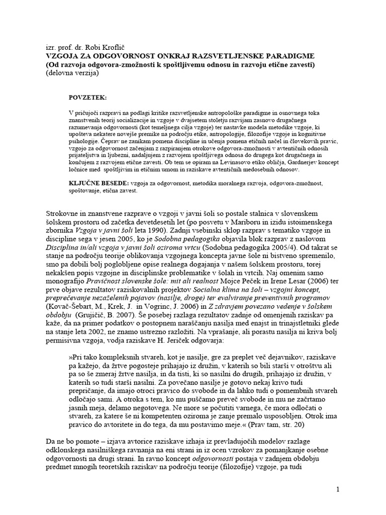 Vzgoja Za Odgovornost Onkraj Razsvetljenske Paradigme | PDF