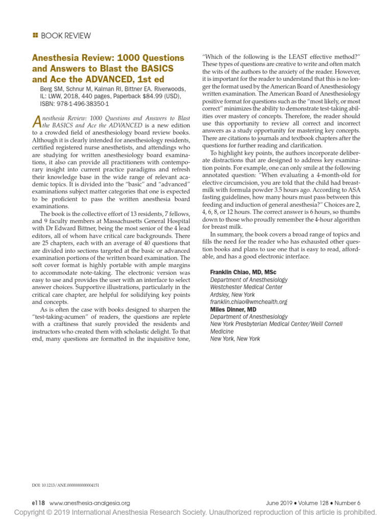 Anesthesia Review 1000 Questions and Answers To.57 | PDF