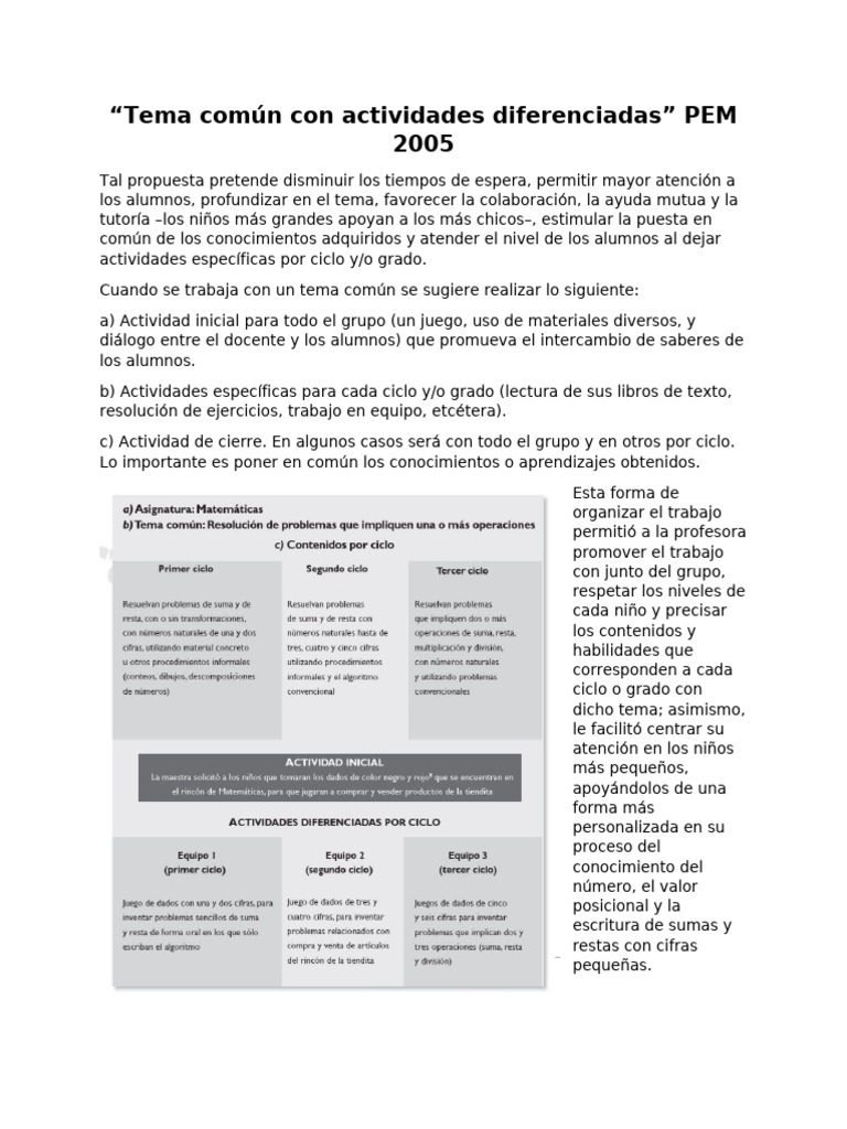 Tema Común Con Actividades Diferenciadas PEM 2005 | PDF