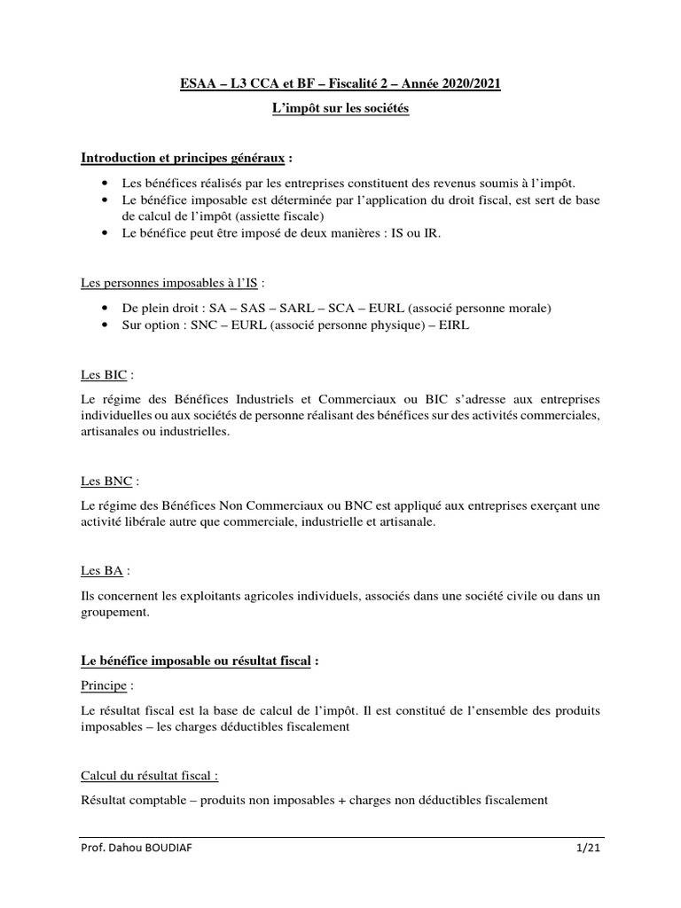 Cours ESAA - L3 CCA Et BF - Fiscalité 2 - Année 20202021 | PDF