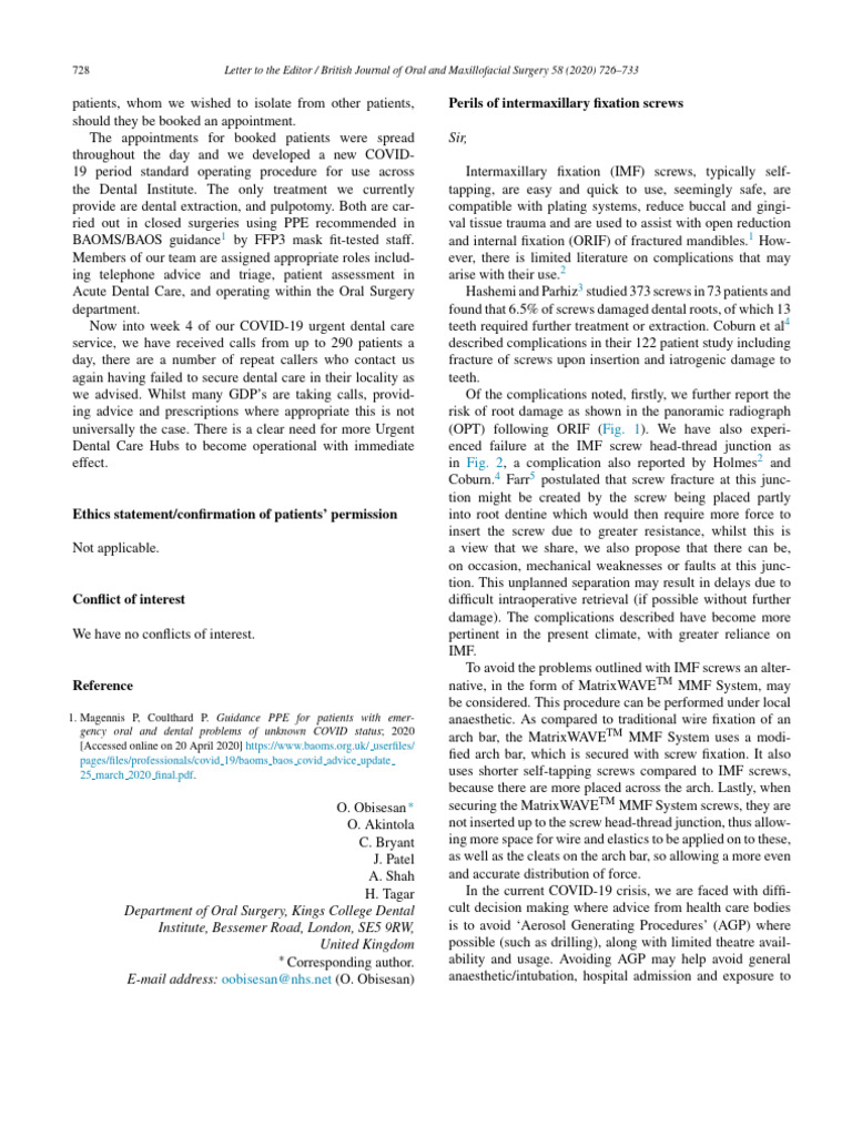 Perils of Intermaxillary Fixatio - 2020 - British Journal of Oral and ...