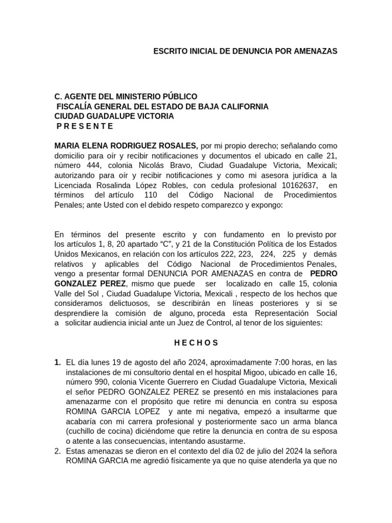 Escrito Inicial de Denuncia Por Amenazas | PDF