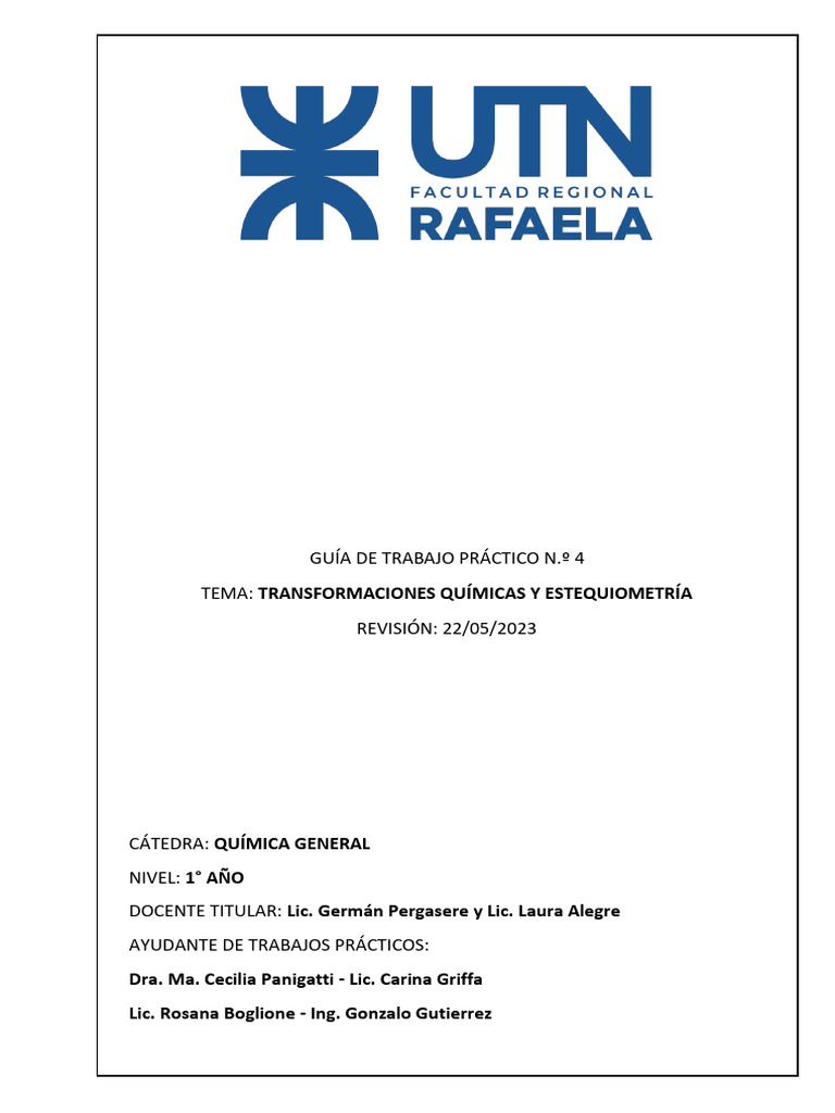 Guia de TP4 (Transformaciones Quimicas - Estequiometria) - FORMATO 2023 | PDF