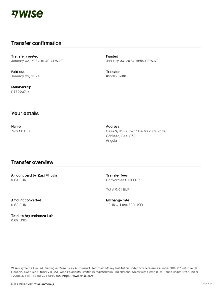 Wise Transaction Invoice Transfer 921193400 2249842057 pt-1 | PDF