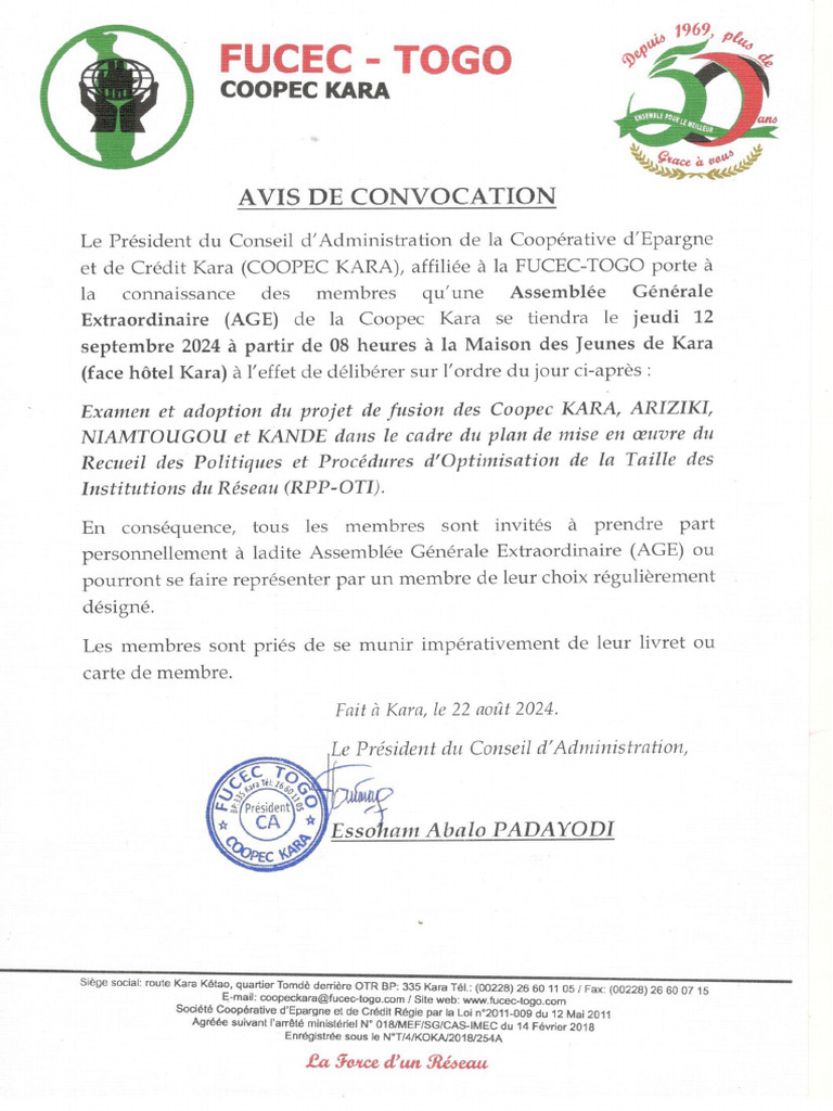 Avis de Convocation - Age D'adoption Du Projet de Fusion 12-09-2024 | PDF