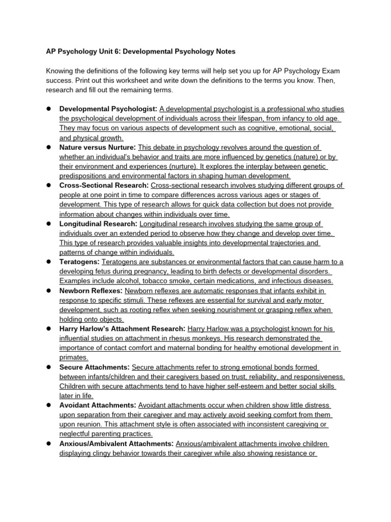 AP Psychology Unit 6 Developmental Psychology Notes | PDF