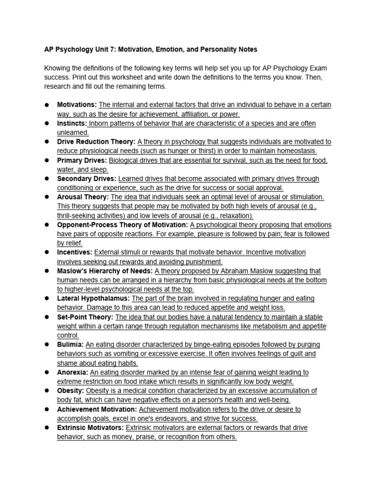 AP Psychology Unit 7 Motivation, Emotion, and Personality Notes | PDF