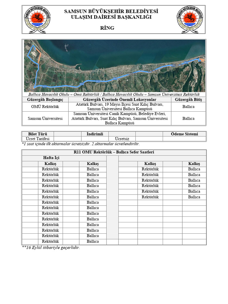Samsun Büyükşehir Belediyesi Ulaşim Dairesi Başkanliği R11 Ring Hatti | PDF