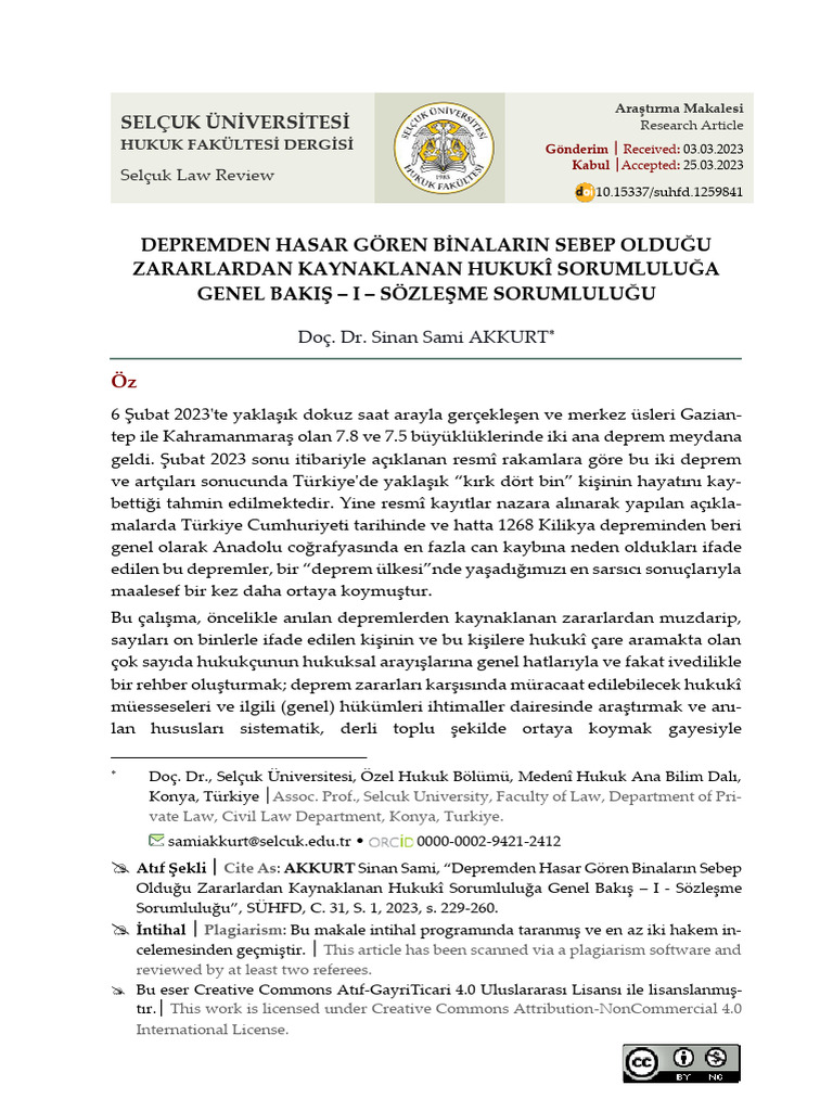 Sinan Sami Akkurt Depremden Doğan Hukuki Sorumluluk | PDF