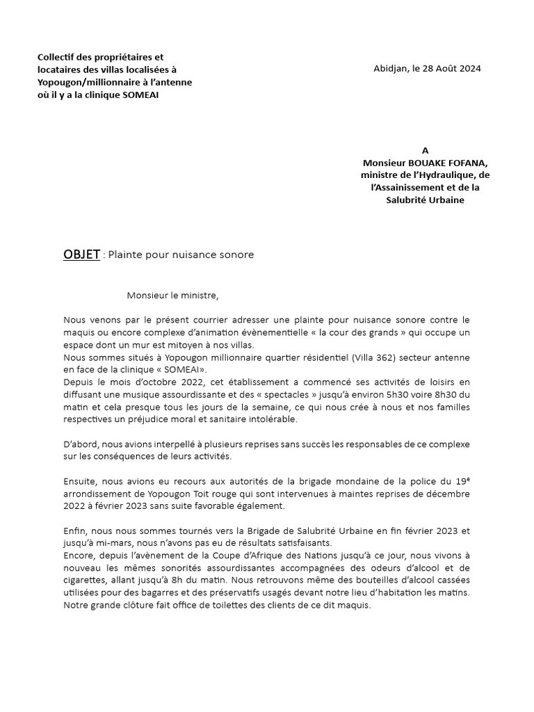 Plainte Pour Nuisance Sonore Du 28 Août 2024 | PDF