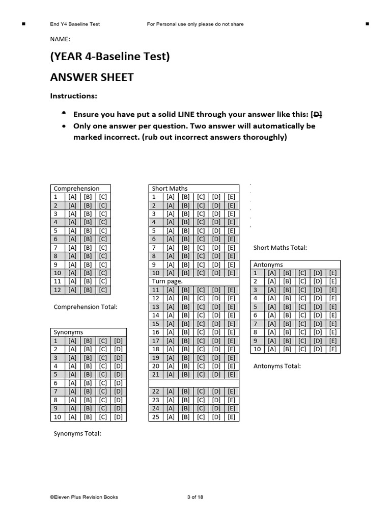 Year 4 Baseline Test For 11+ | PDF