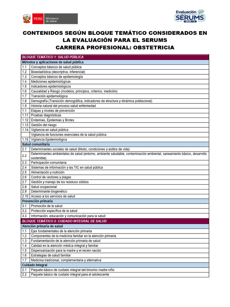 CONTENIDOS SEGUN BLOQUE TEMATICO CONSIDERADOS EN LA EVALUACION PARA EL SERUMS CARRERA ...