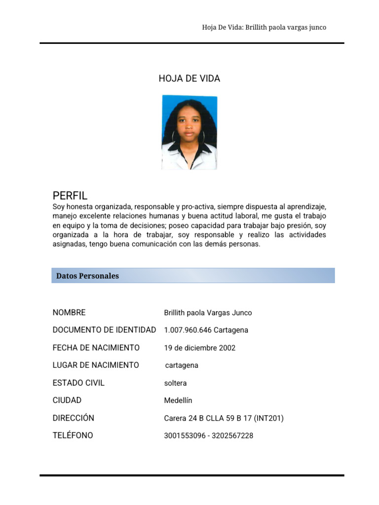 HOJA DE VIDA BRILLITH- | PDF