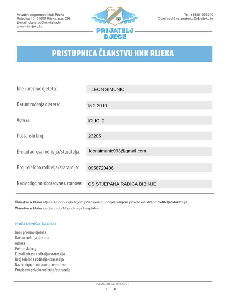 Pristupnica - HNK Rijeka Prijatelj Djece | PDF