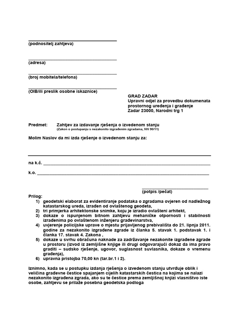Obrazac Zahtjeva Za Legalizaciju - Zadar | PDF