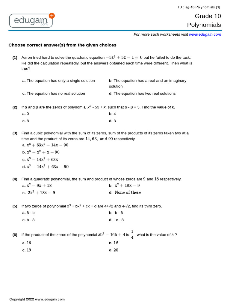 Grade 10 Polynomials SG | PDF