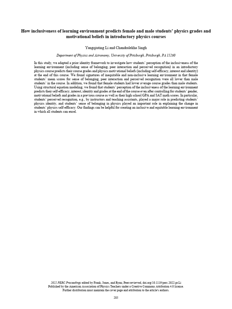 How Inclusiveness of Learning Environment Predicts Female and Male ...