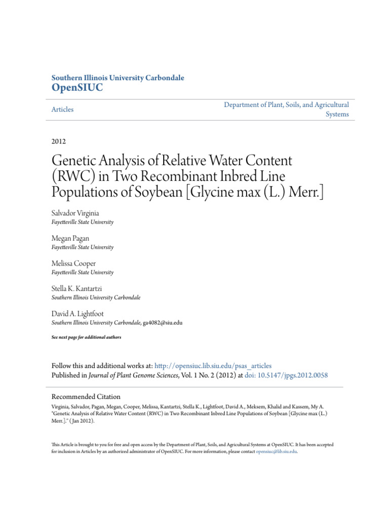 Genetic Analysis of Relative Water Content (RWC) in Two Recombina | PDF