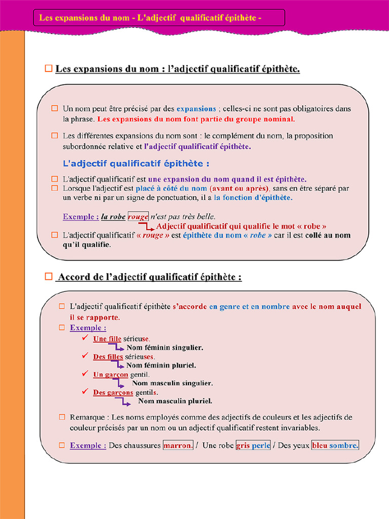 Lexpansion-du-nom-ladjectif-qualificatif-1ere-Annee-College | PDF