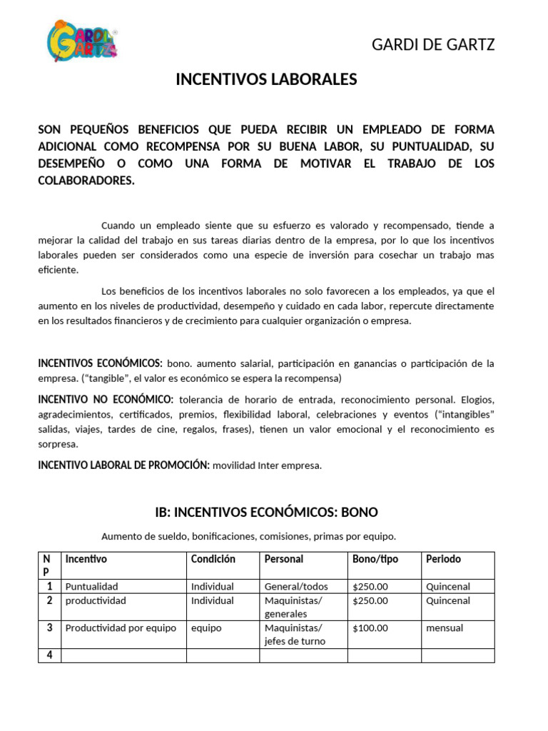 Incentivos Laborales: Beneficios y Tipos | PDF | Business | Crecimiento personal y profesional