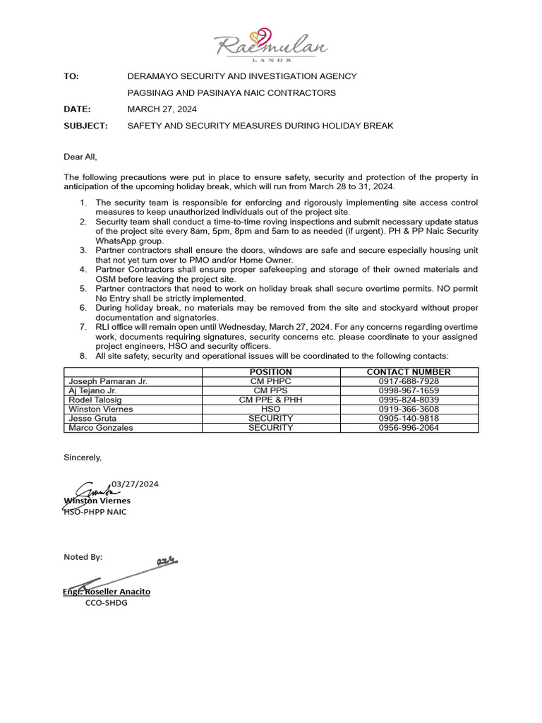 Safety and Security MEMO During Holiday Break | PDF