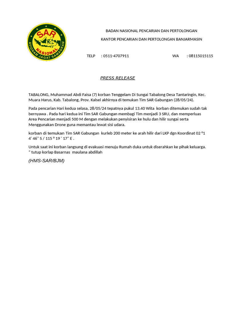 Press Rilis Penemuan Korban Tabalong | PDF