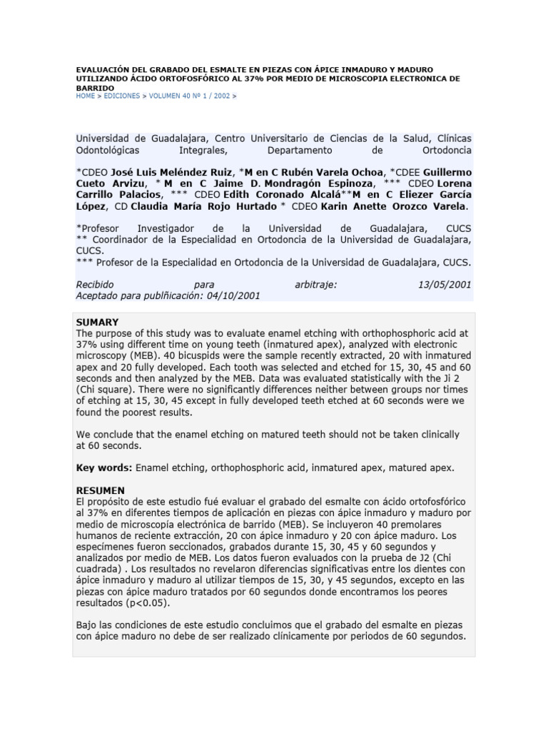 Evaluación Del Grabado Del Esmalte en Piezas Con Ápice Inmaduro y ...