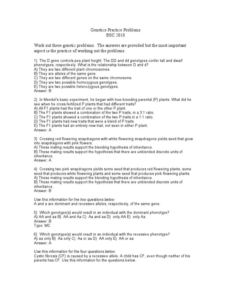 Genetics Practice Problems Overview | PDF | Dominance (Genetics) | Zygosity