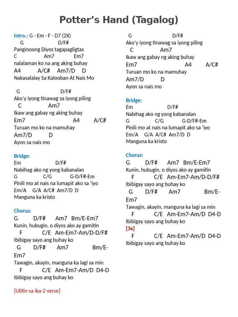 Potter's Hand Lyrics in Tagalog | PDF
