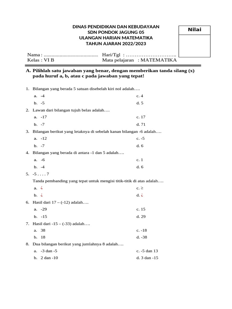 soal uh mtk bab 1 | PDF