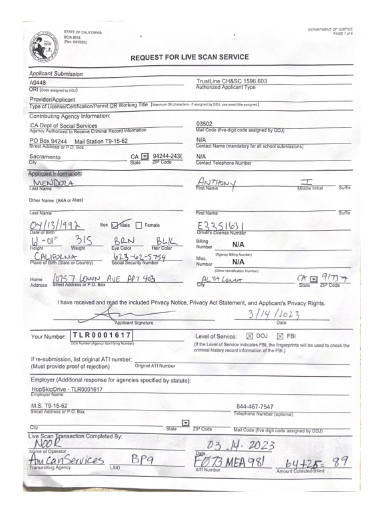 STATE OF CALIFORNIA Live Scan | PDF