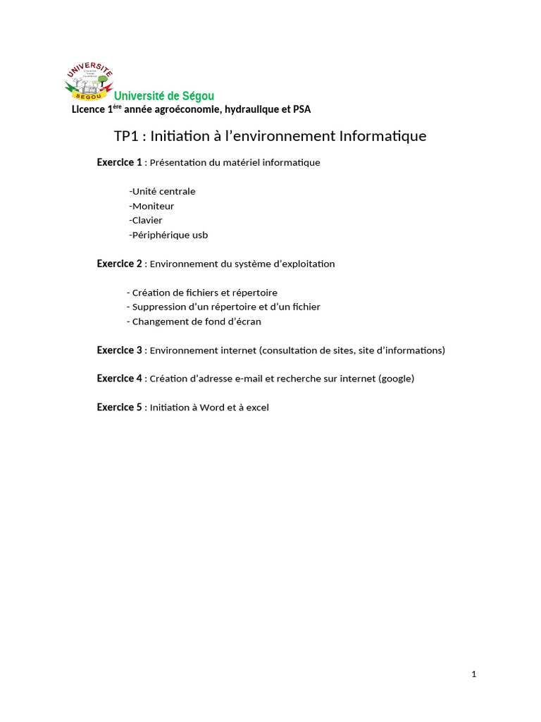 TP1: Initiation À L'environnement Informatique: Université de Ségou | PDF
