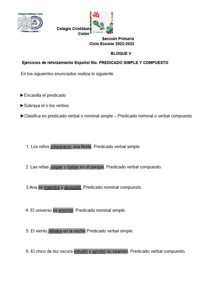PREDICADO SIMPLE Y COMPUESTO Bloque 5 | PDF