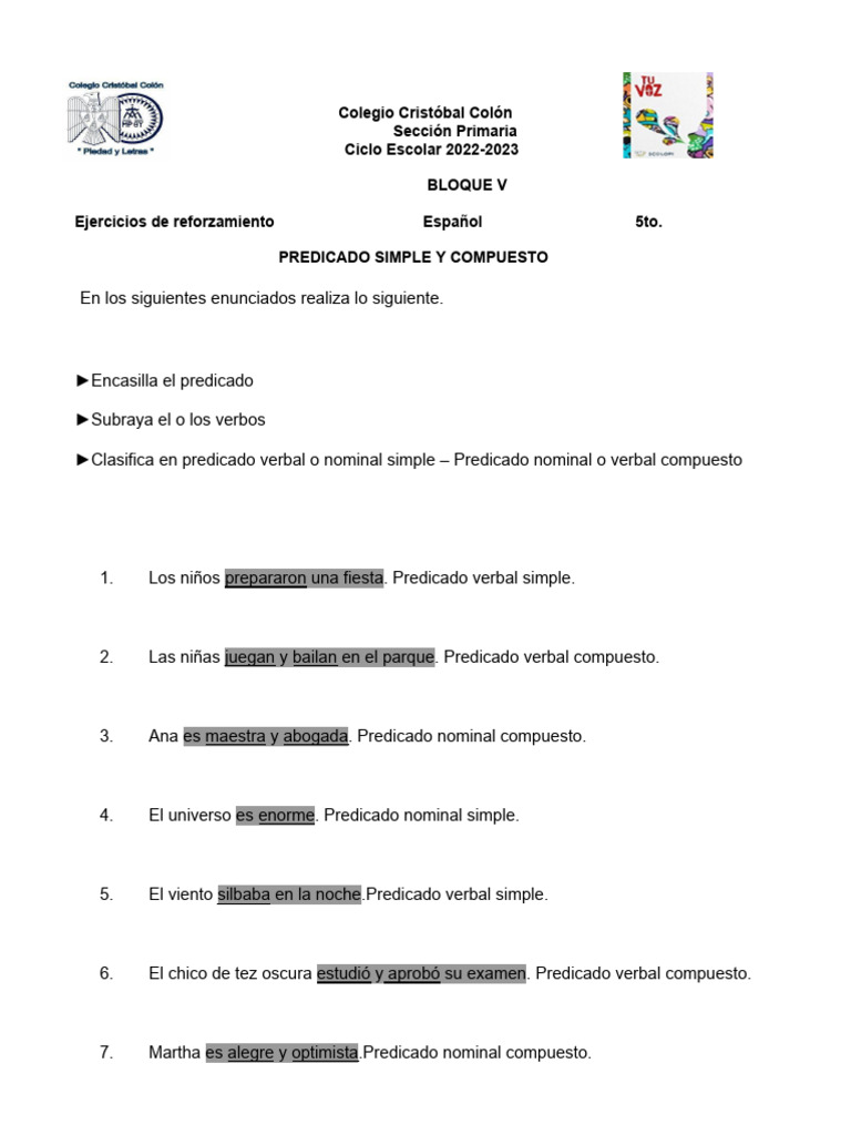 PREDICADO SIMPLE Y COMPUESTO bloque 5 | PDF