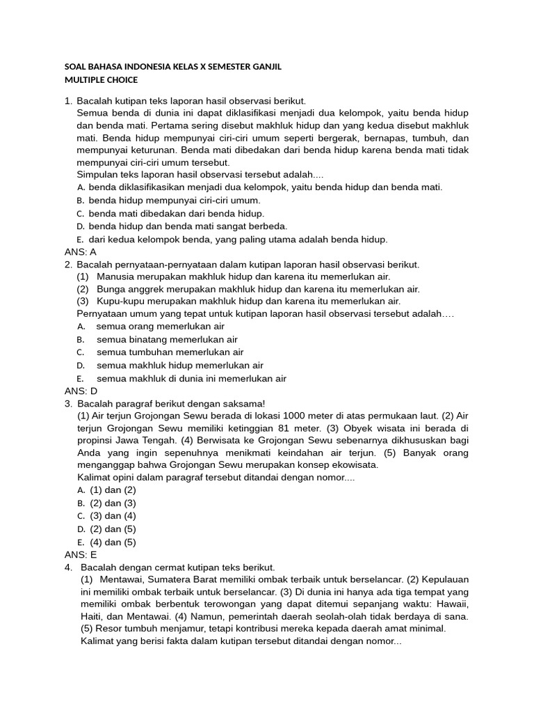 2022 Soal Bahasa Indonesia KLS X Semester Ganjil | PDF
