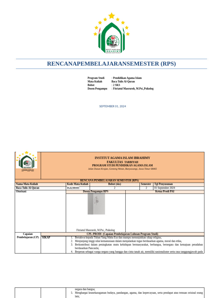 RPS Baca Tulis Al-Quran (Fitri) - 2024 | PDF